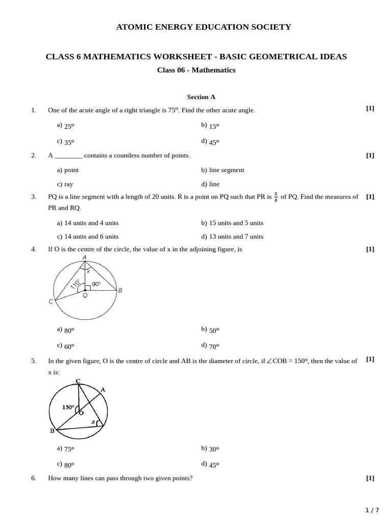 Class 6 Maths Worksheet - Basic Geometrical Ideas | PDF | Circle ...