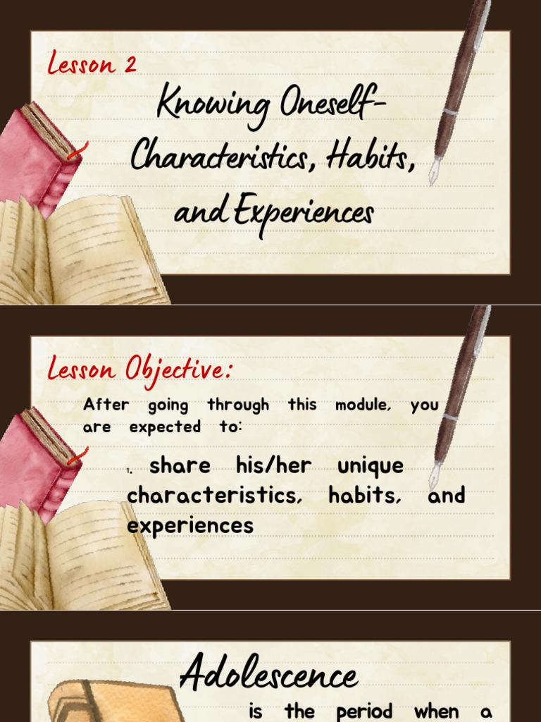 Lesson 2 Knowing Oneself Characteristics Habits and Experiences | PDF | Self Esteem | Self Efficacy