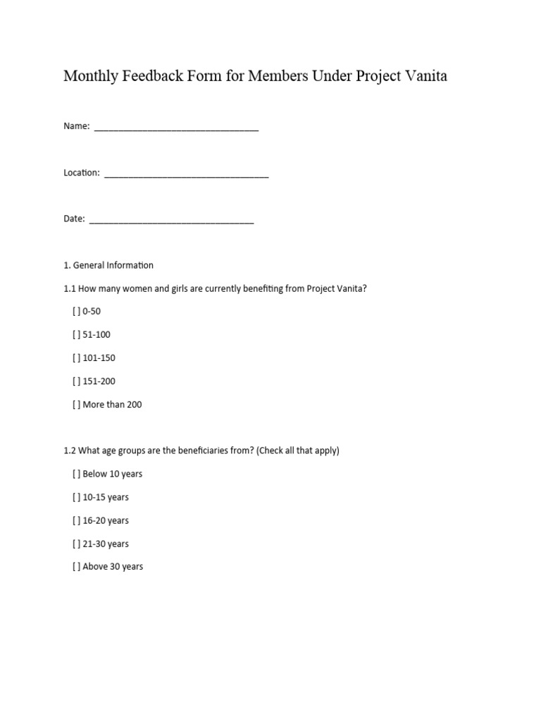 Monthly Feedback Form For Members Under Project Vanita | PDF ...
