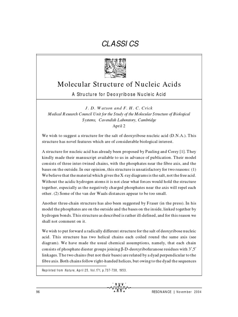 J. D. Watson and F. H. C. Crick - Molecular Structure of Nucleic Acids ...