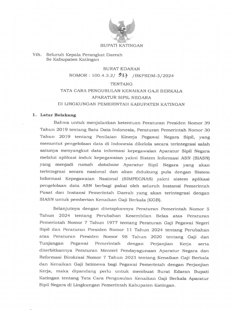 Surat Edaran Bupati Katingan TTG Tata Cara Pengusulan Kenaikan Gaji Berkala Asn Pemkab Katingan ...