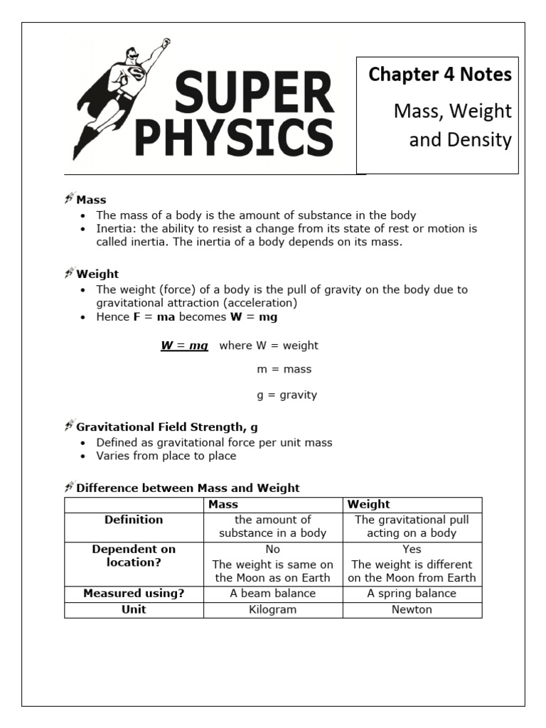 C4 Mass Weight and Density Notes | PDF | Weight | Mass
