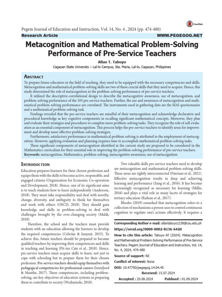 Metacognition and Mathematical | PDF | Metacognition | Learning