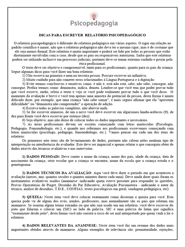 Dicas para Escrever Relatorio Psicopedagogico | PDF | Psicologia ... Dicas para Escrever Relatorio Psicopedagogico | PDF | Psicologia ...