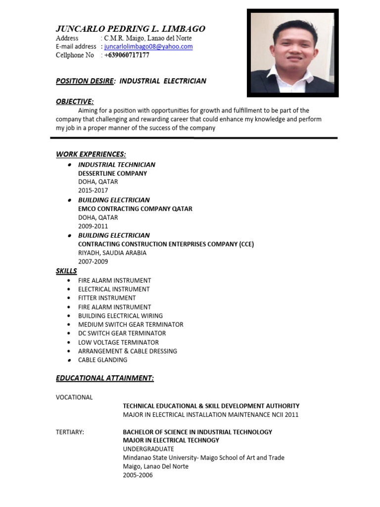 Cv for Industrial Electrician | PDF | Electrician | Electrical Equipment