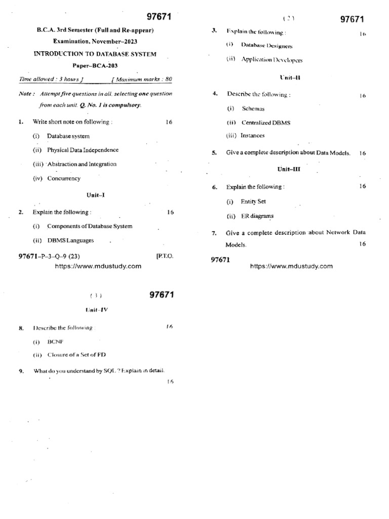 Bca 3 Sem Introduction To Database System 97671 Nov 2023 | PDF