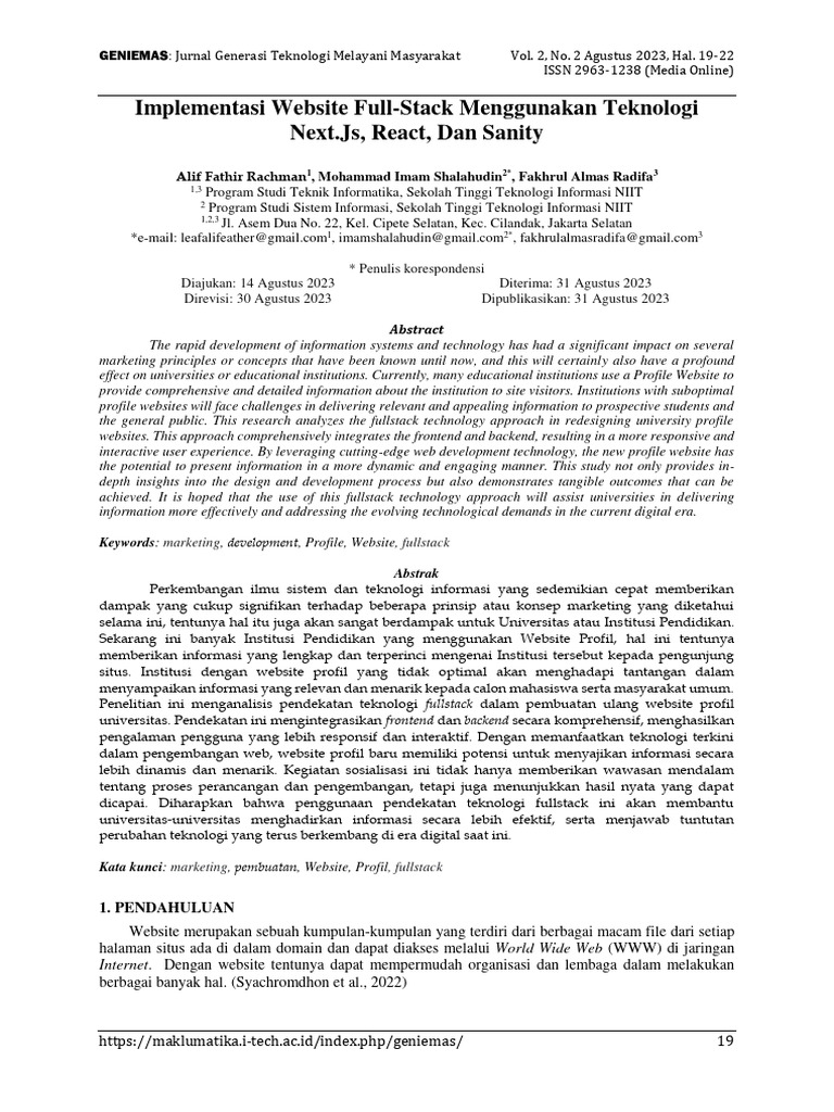 Implementasi Website Full-Stack Menggunakan Teknologi Next - JS, React, Dan Sanity | PDF