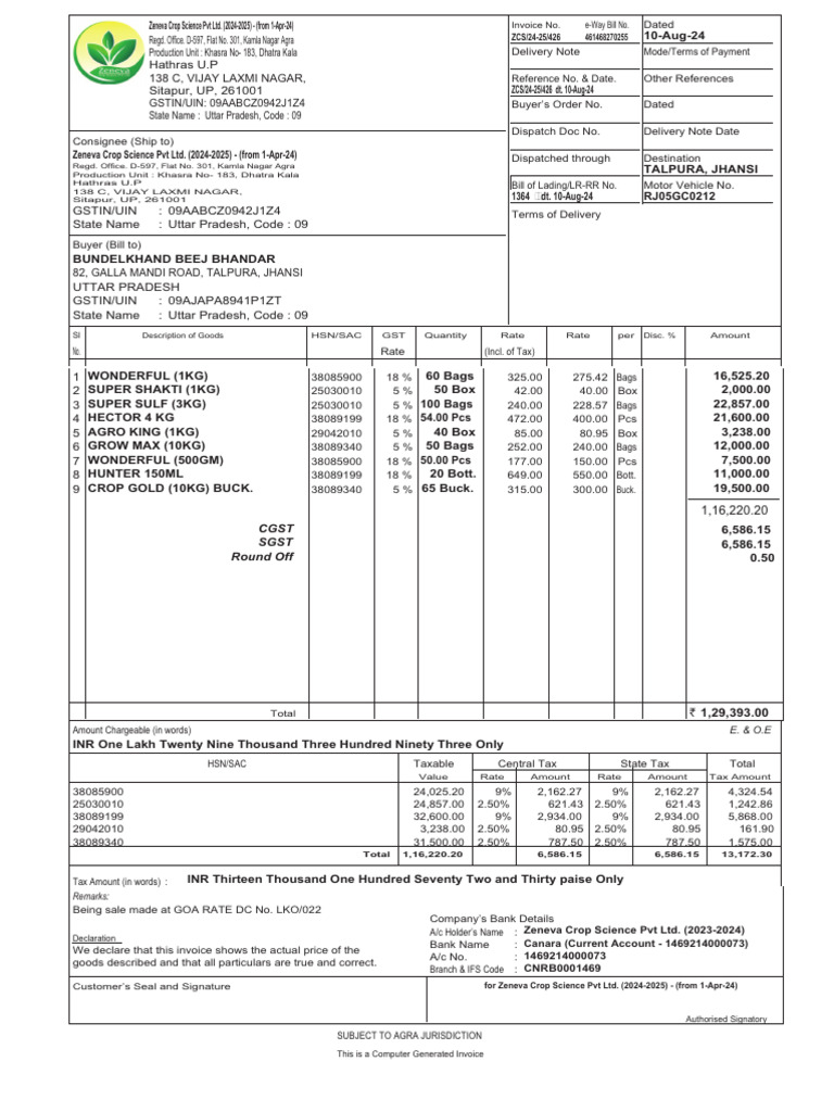 Zeneva Crop Science Invoice 2024-25 | PDF | Taxes | Payments