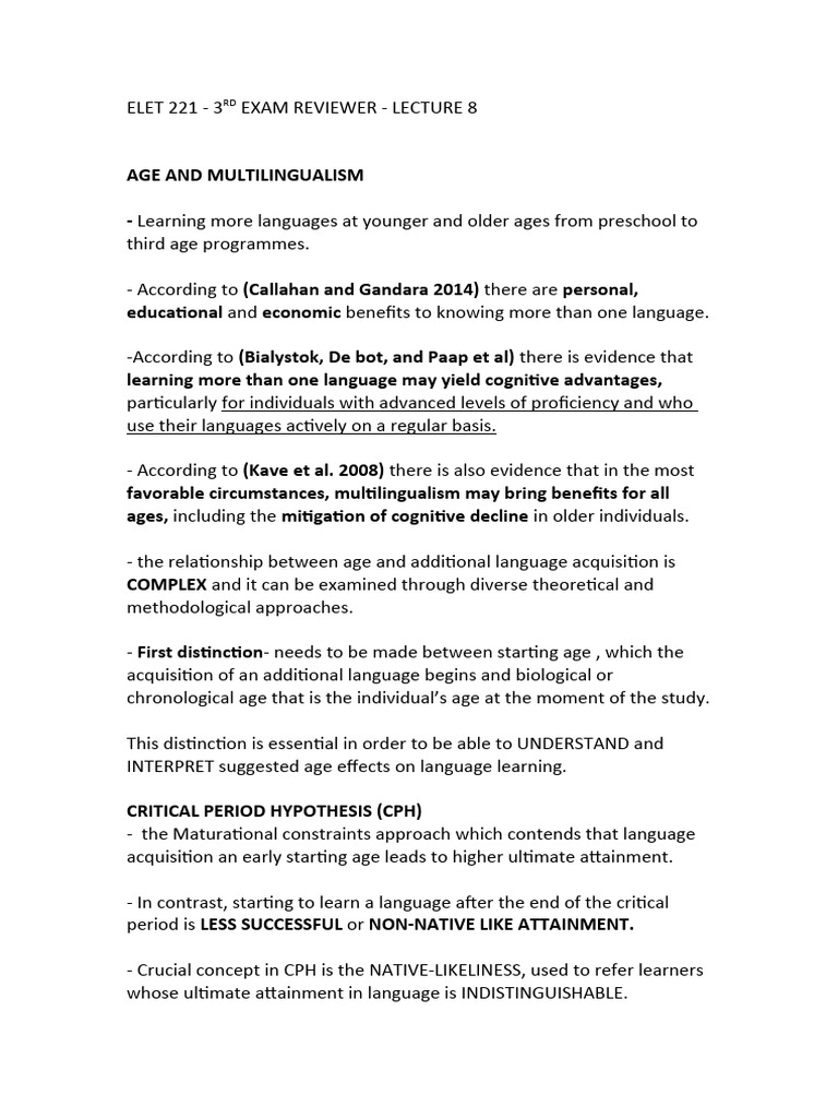 Elet 221. Reviewer Lecture 8 | PDF | Multilingualism | Language Acquisition