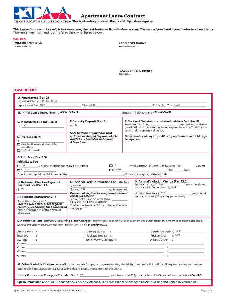 Texas Apartment Association Lease Agreement 2 | PDF | Lease | Renting