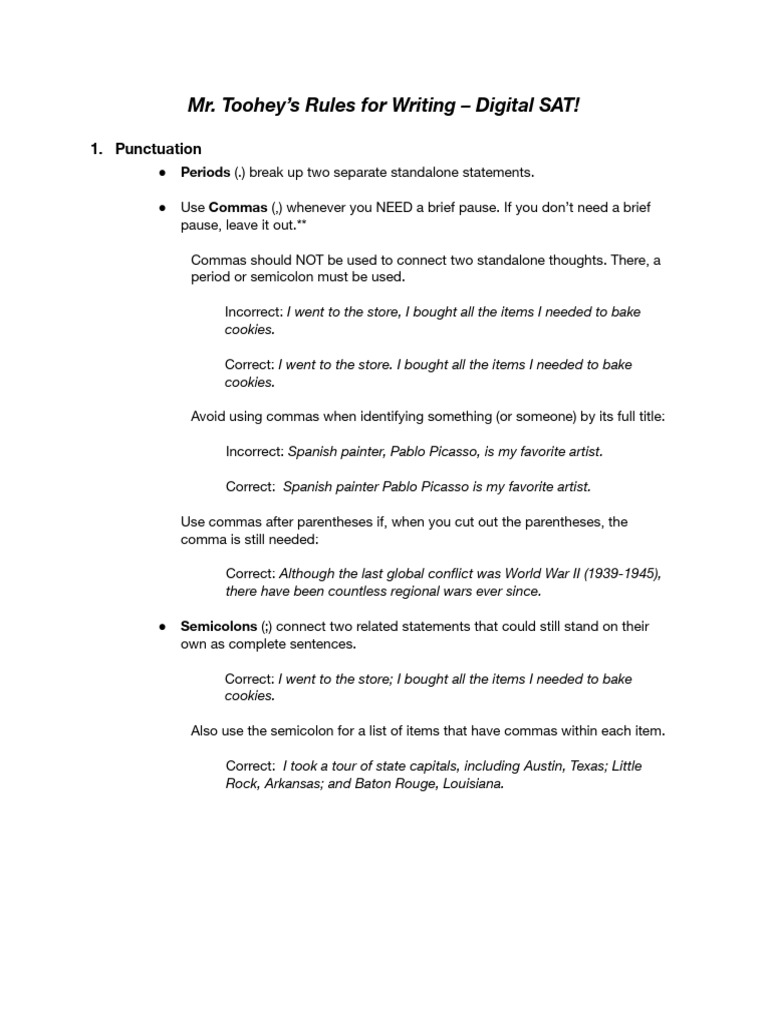 Mr. Toohey's Digital SAT Writing Rules | PDF | Comma | Grammatical Number