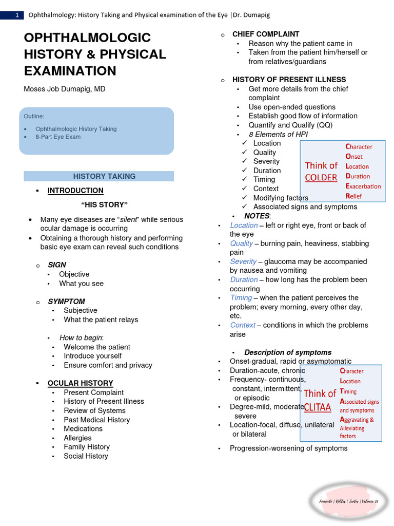 Ophtha-LE1-1.02 History and PE of The Eye Notes | PDF | Human Eye ...