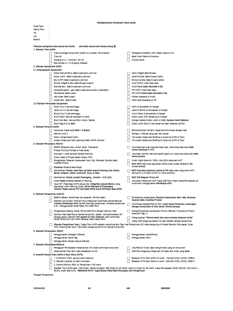 Checklist Standar & Kompetensi Toko Sapa | PDF