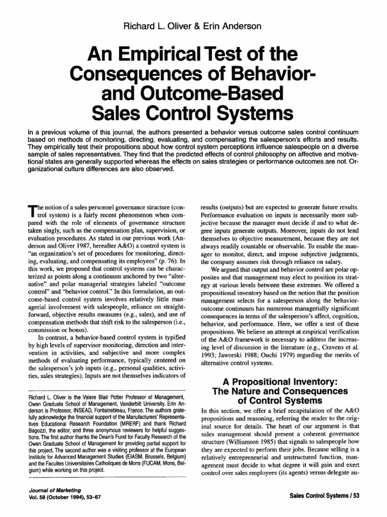 Sales Control Systems: Behavior vs. Outcome | PDF | Sales | Motivational