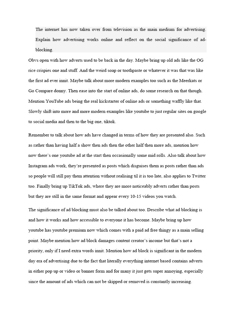 Advertising Assignment 3 Plan | PDF | Advertising | You Tube