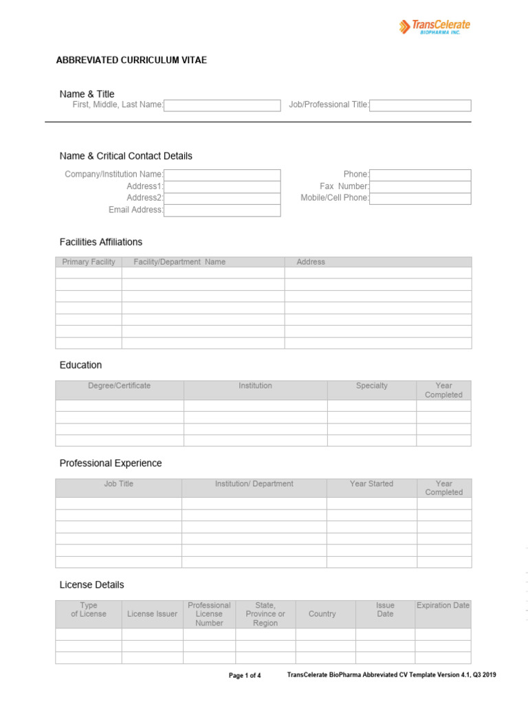 TransCelerate Abbreviated CV Template | PDF | Health Care