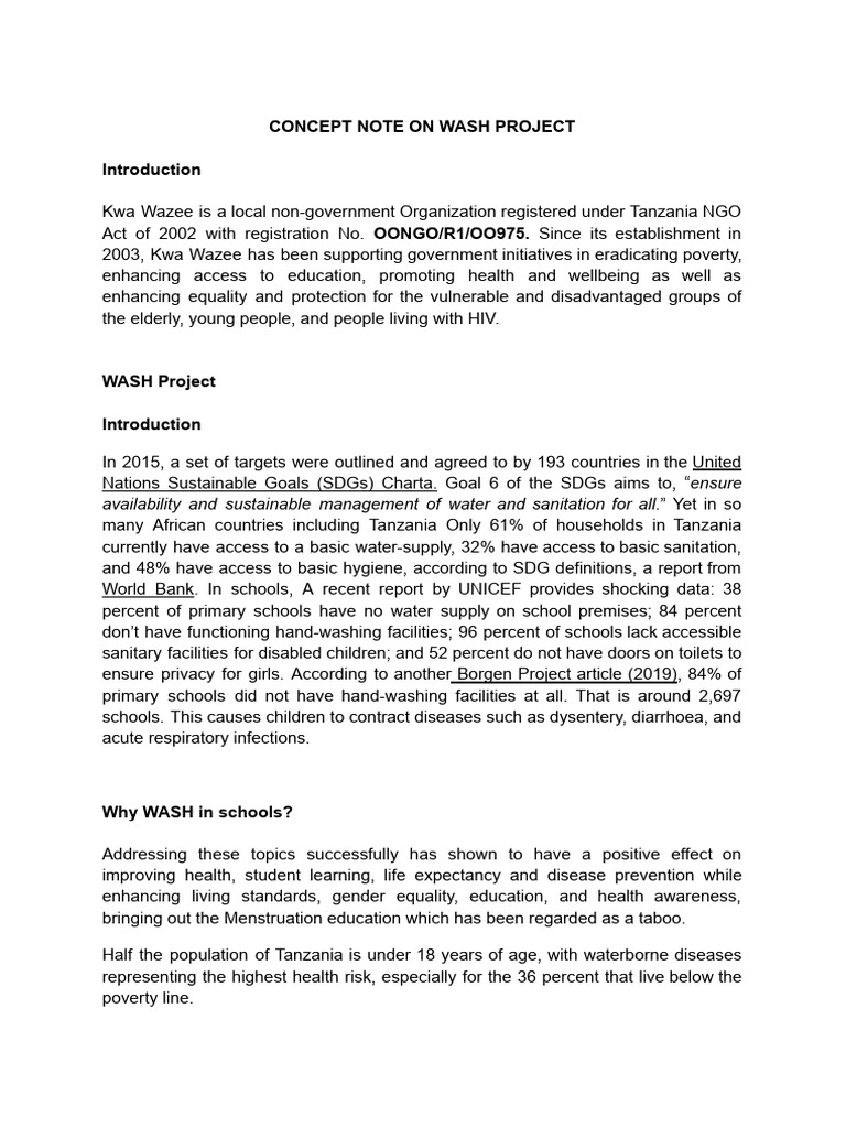 Concept Note On Wash Project | PDF | Wash | Sanitation