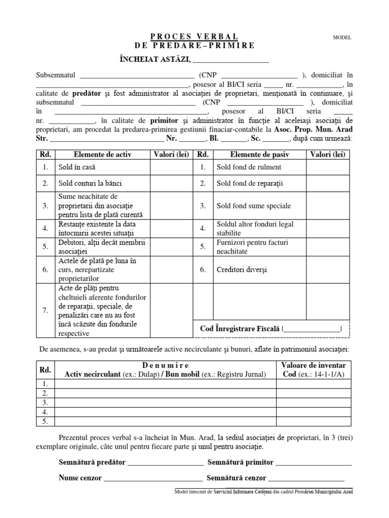 Model Simplu PROCES VERBAL PREDARE-PRIMIRE GESTIUNE | PDF