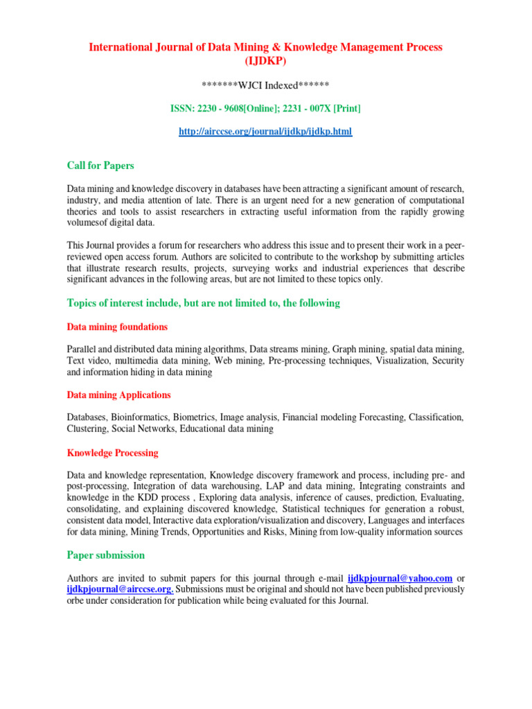 International Journal of Data Mining & Knowledge Management Process (IJDKP) | PDF | Data Mining ...