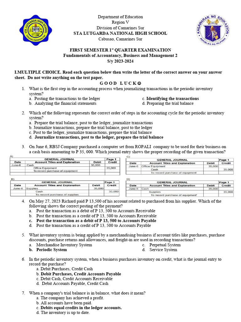1st Quarter Exam FABM2 2023 204 Answer Key | PDF | Debits And Credits ...