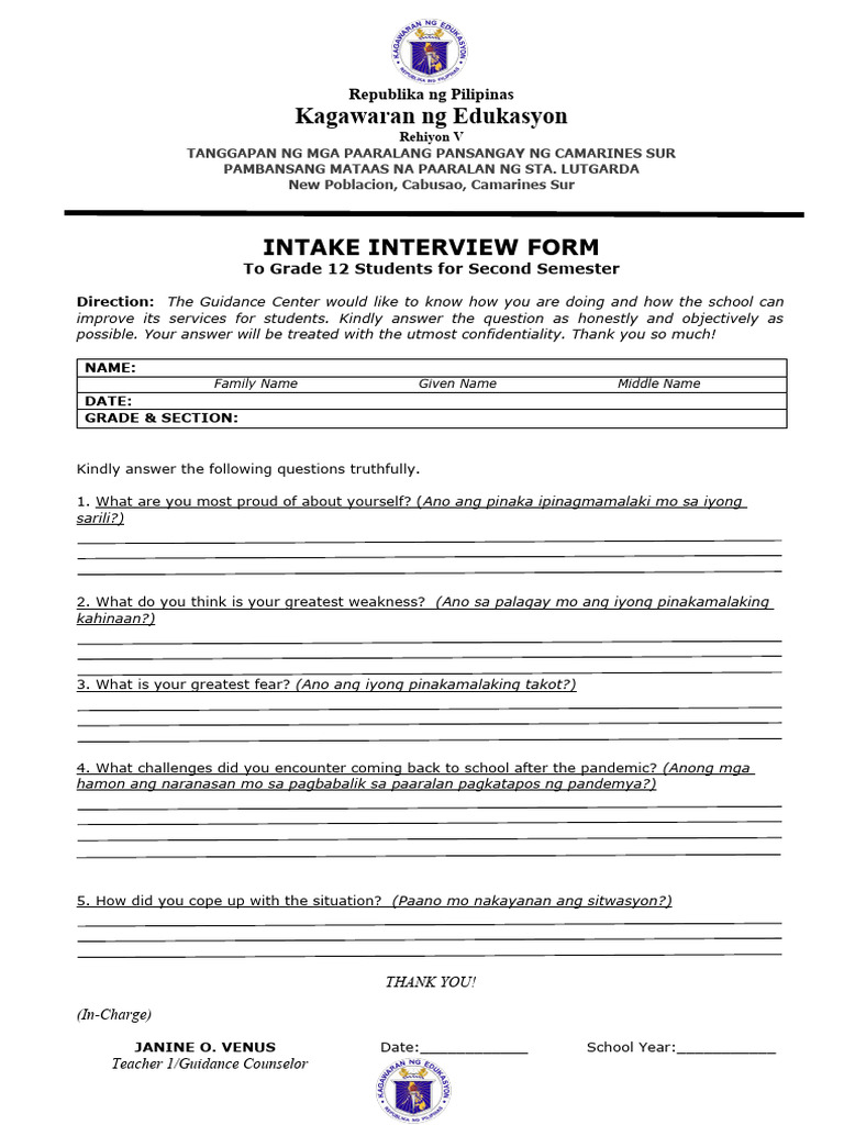 2nd Sem Intake-Interview-Form-Grade-12 | PDF | Wellness