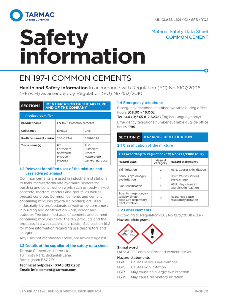 Common Cements Safety Data Sheet | PDF | Cement | Toxicity