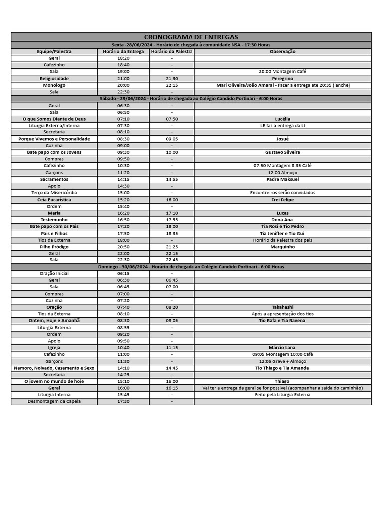 CRONOGRAMA VI EJC VISTA ALEGRE - COMPLETO 2024.xlsx - Planilhas Google | PDF