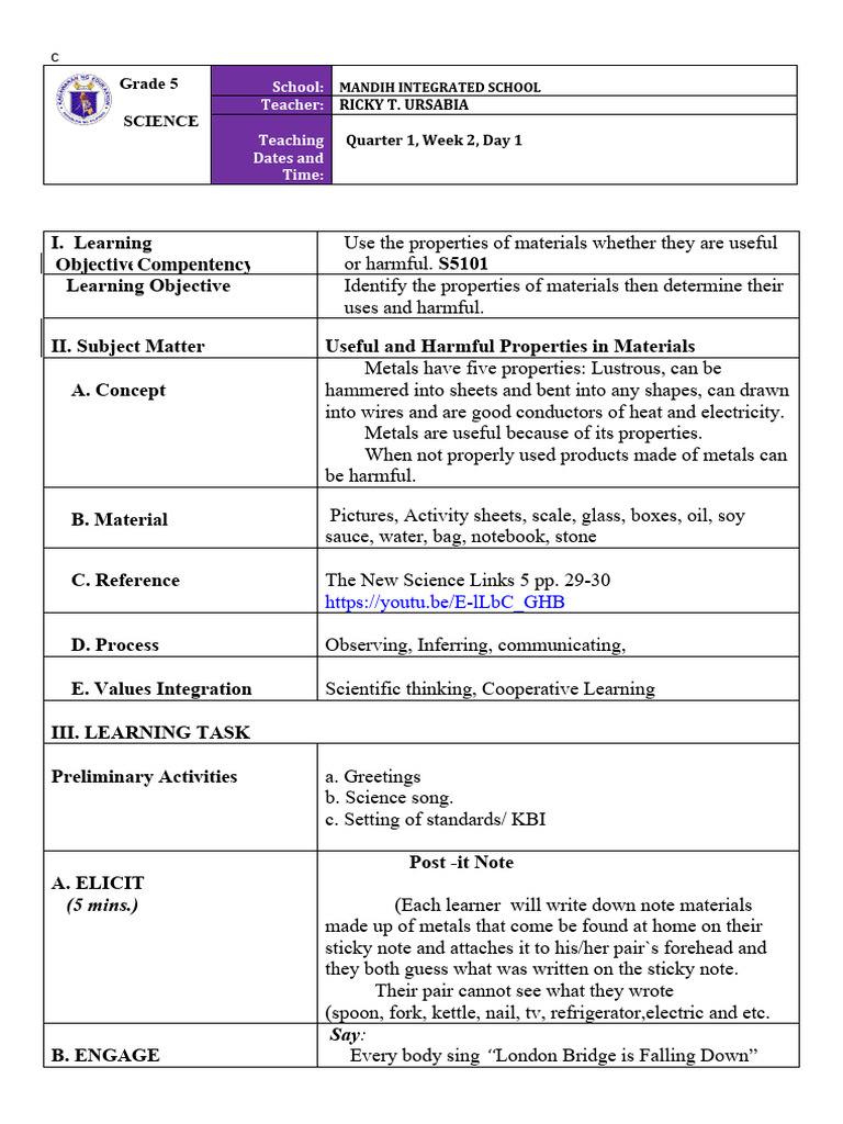 Science 5 Q1 W2 D1 | PDF | Metals | Copper