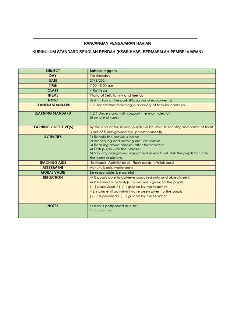 English Lesson Notes Year 4 PPKI | PDF