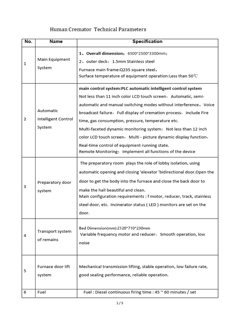 Human Cremator Technical Specifications | PDF | Combustion | Industrial ...