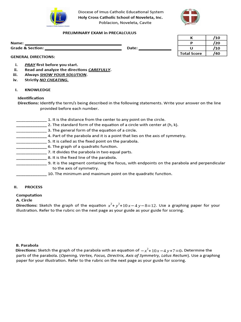 Chapter Test - Precal | PDF | Analytic Geometry