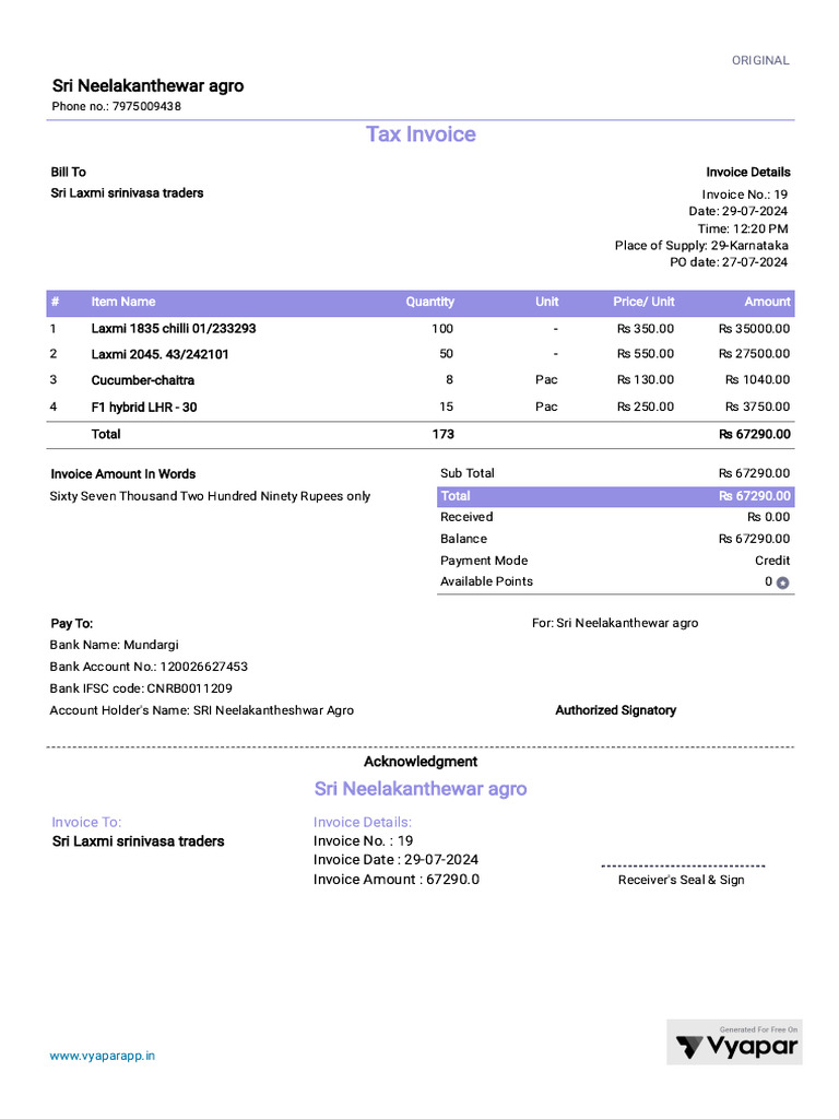 Invoice for Sri Neelakanthewar Agro | PDF | Invoice | Payments