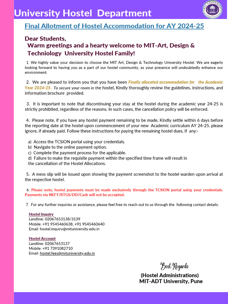 Hostel Final Allotment Letter AY 24-25 | PDF