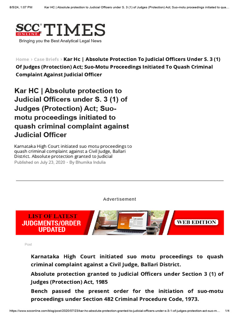 Kar HC - Suo-Motu Proceedings Initiated To Quash Criminal Complaint Against Judicial Officer ...