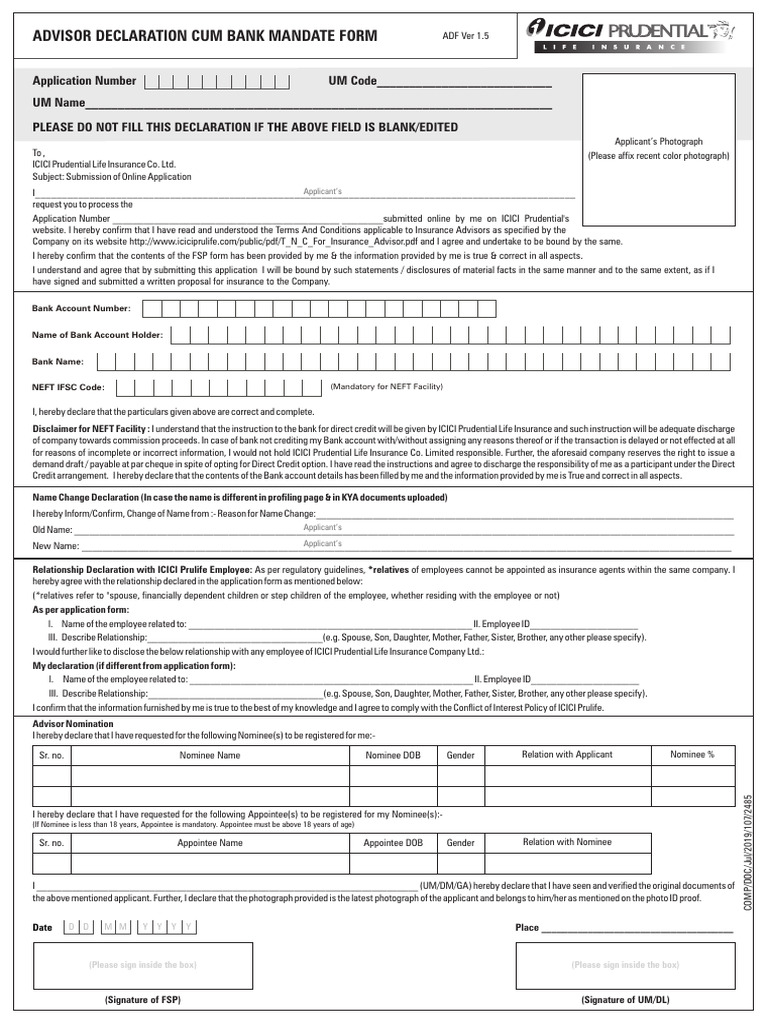 Advisor Declaration Cum Bank Mandate Form Ver-1.5 | PDF | Banks | Insurance