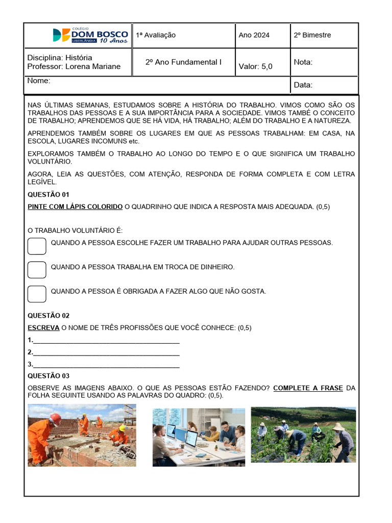 Avaliacao De Historia 2o Ano Ef Pdf Tempo Batata