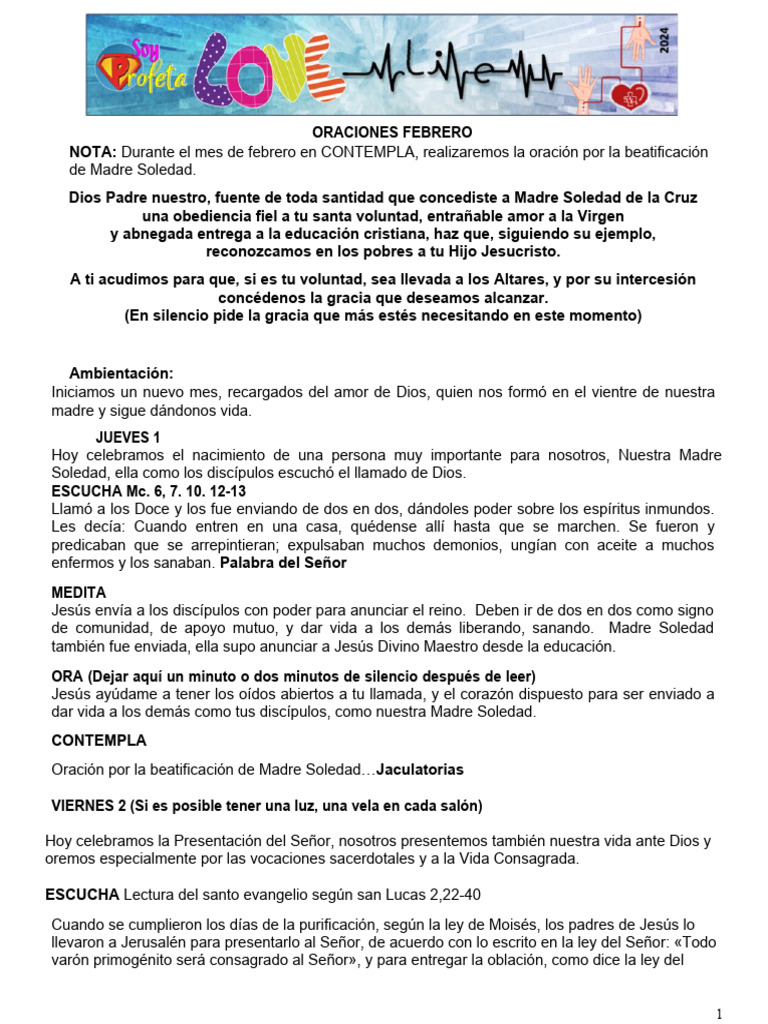 Oraciones de Febrero por Madre Soledad | PDF | Oración | Amor