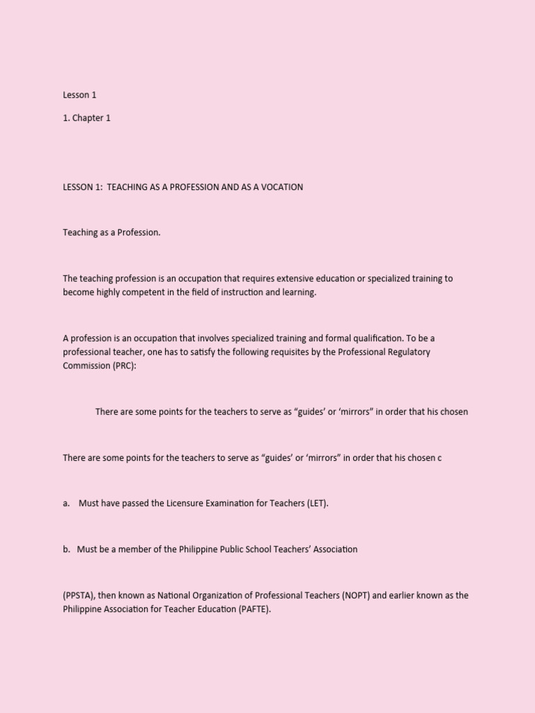 Lesson 1 - TEACHING PROFESSION | PDF | Cost Of Living | Teachers
