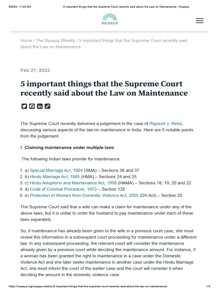 5 Important Things That The Supreme Court Recently Said About The Law On Maintenance | PDF ...