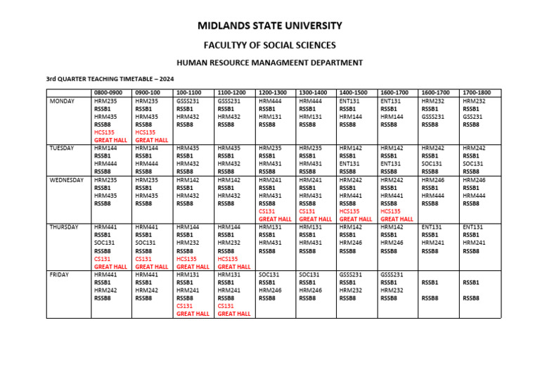 MSU HRM Dept 2024 Q3 Timetable | PDF