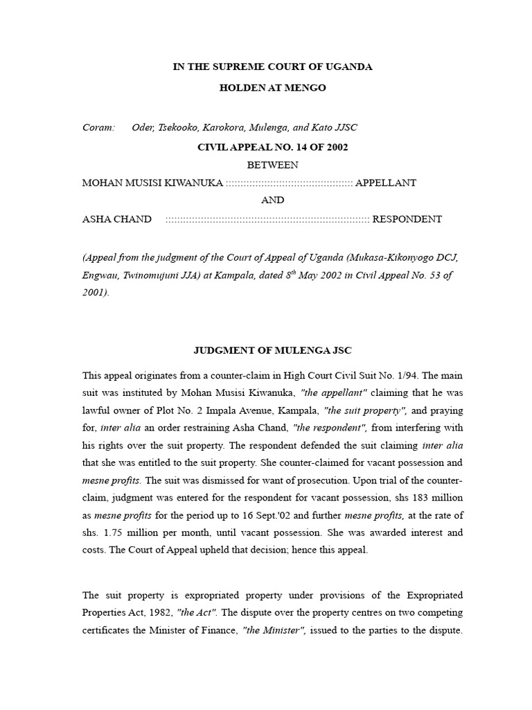 Mohan Kiwanuka v Asha Chand Appeal | PDF | Lawsuit | Appeal