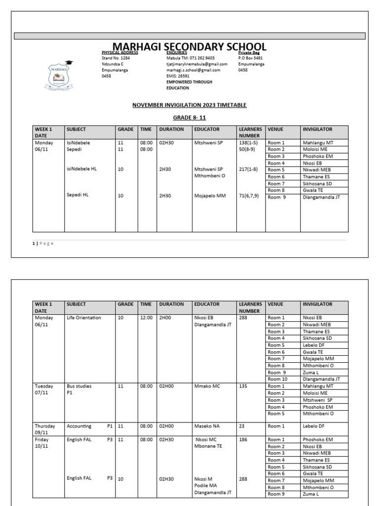 Invigilation Timetable Nov 2023 | PDF | Science
