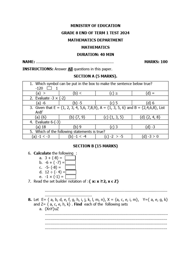 Grade 8 Mathematics Test 2024 | PDF | Mathematics | Notation