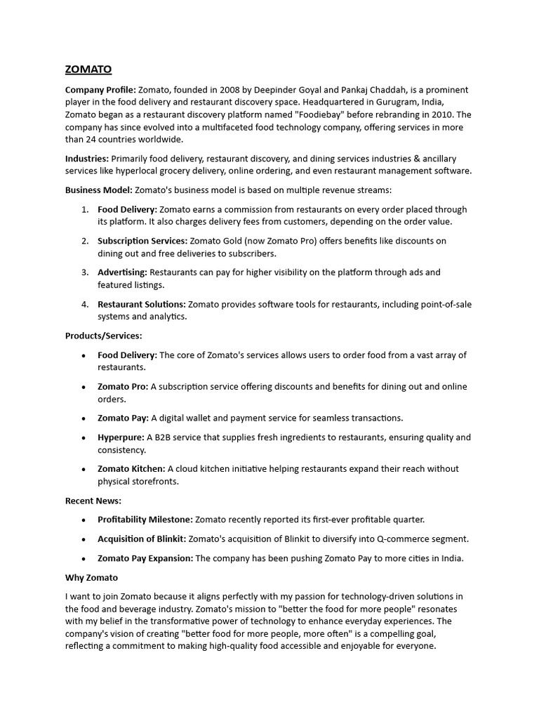 Zomato Company Profile Overview | PDF | The Walt Disney Company | Adobe ...