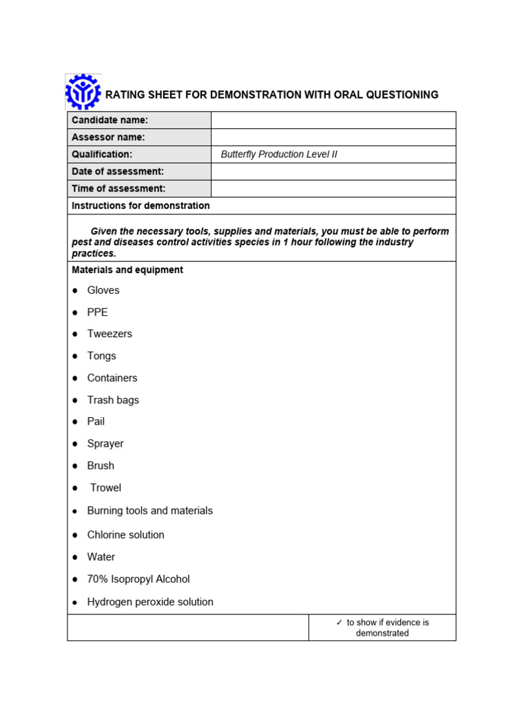 Rating Sheet For Demonstration With Oral Questioning With Suggestions ...