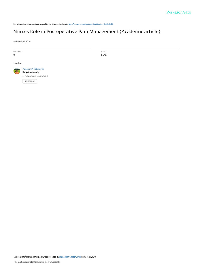 Nurses Rolein Postoperative Pain Management | PDF