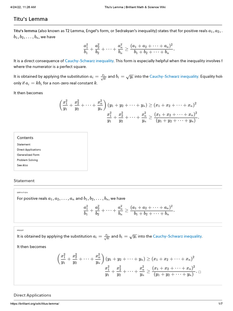 Titu's Lemma & Nesbitt's inequality | PDF | Inequality (Mathematics) | Mathematical Concepts