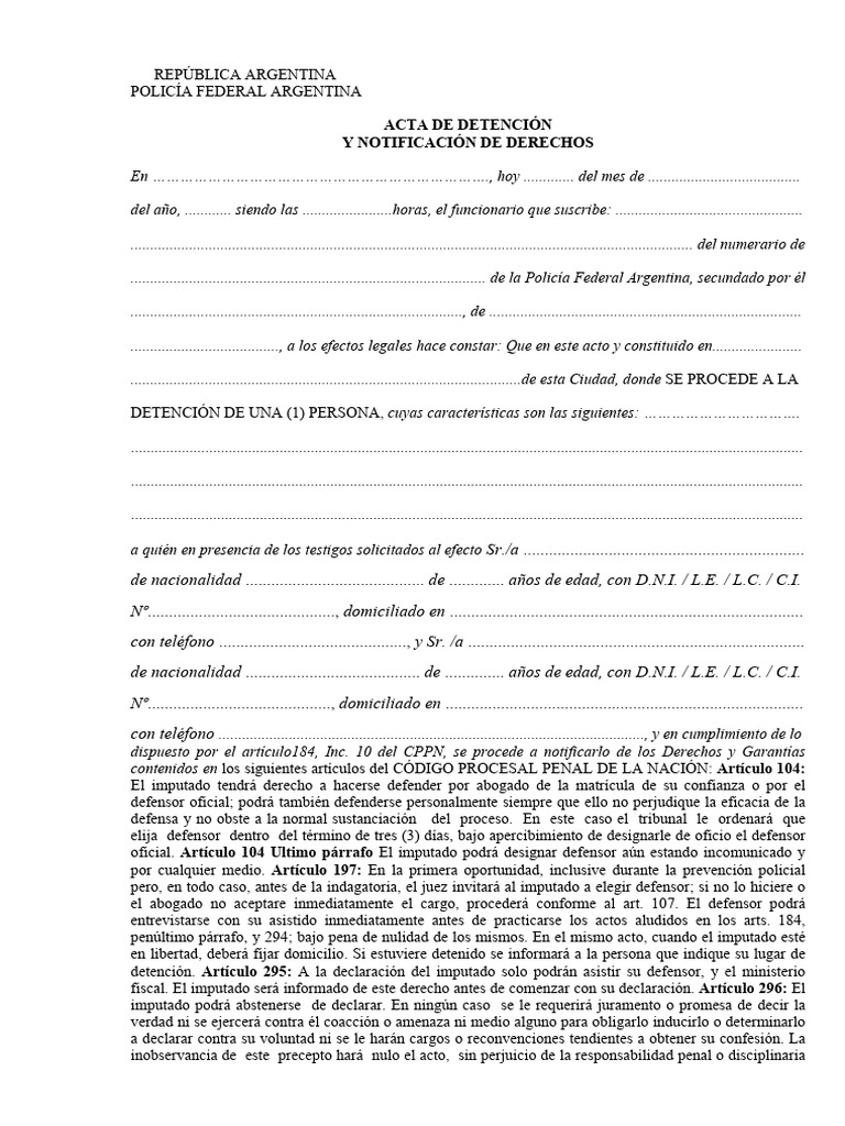 acta de detencion | PDF | Documento de identidad | Derecho penal acta de detencion | PDF | Documento de identidad | Derecho penal