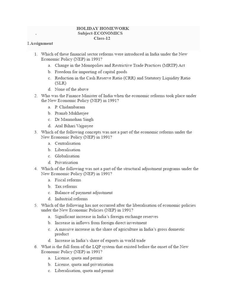 Economics Holiday Homework 12 | PDF | Economic Growth | Outsourcing