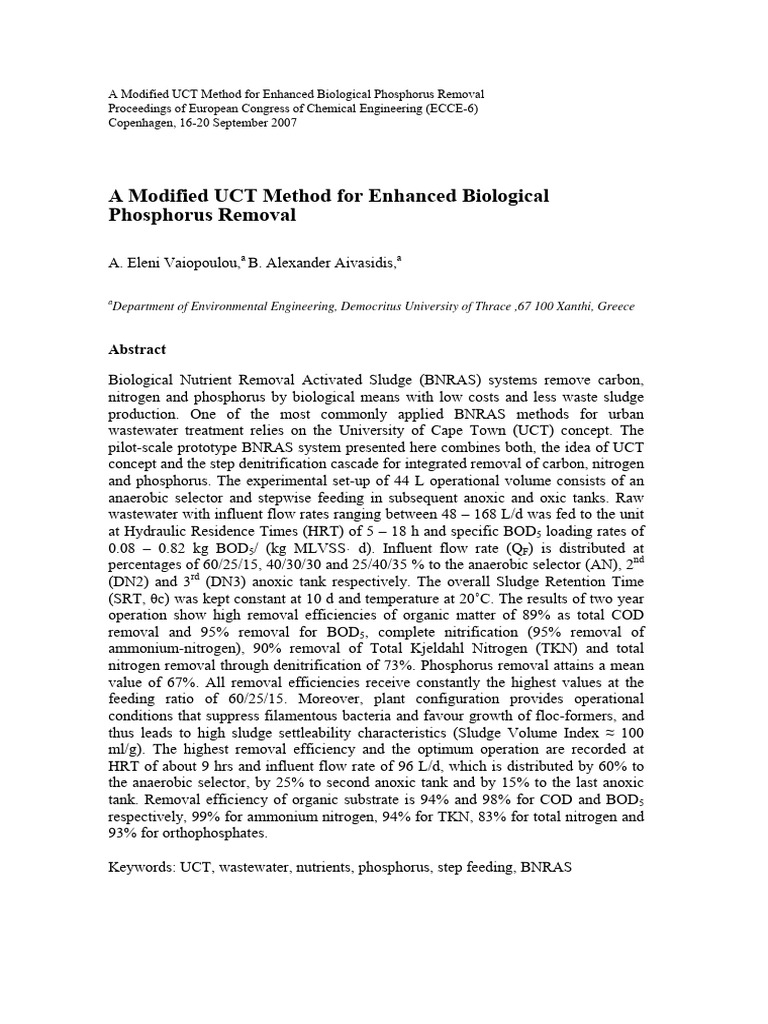 A Modified UCT Method For Enhanced Biological Phosphorus Removal | PDF ...